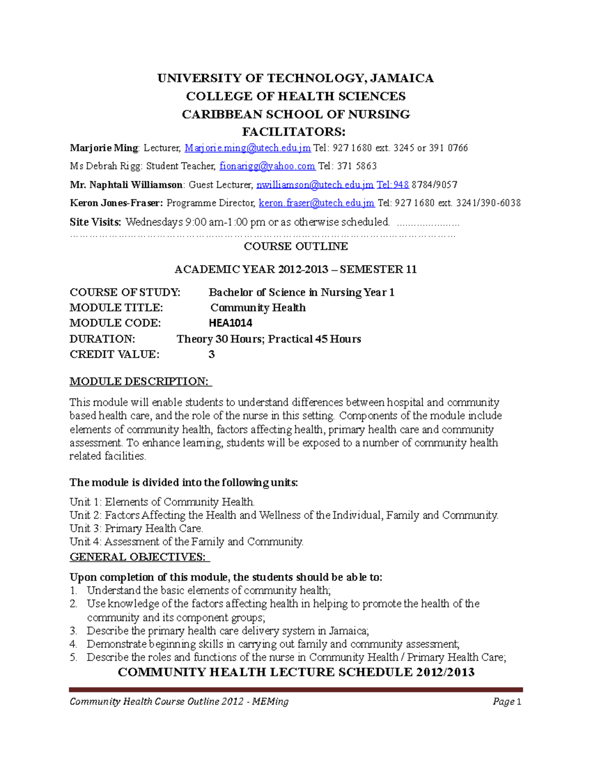 Community Health Course Outline 2013 Kingston - UNIVERSITY OF ...