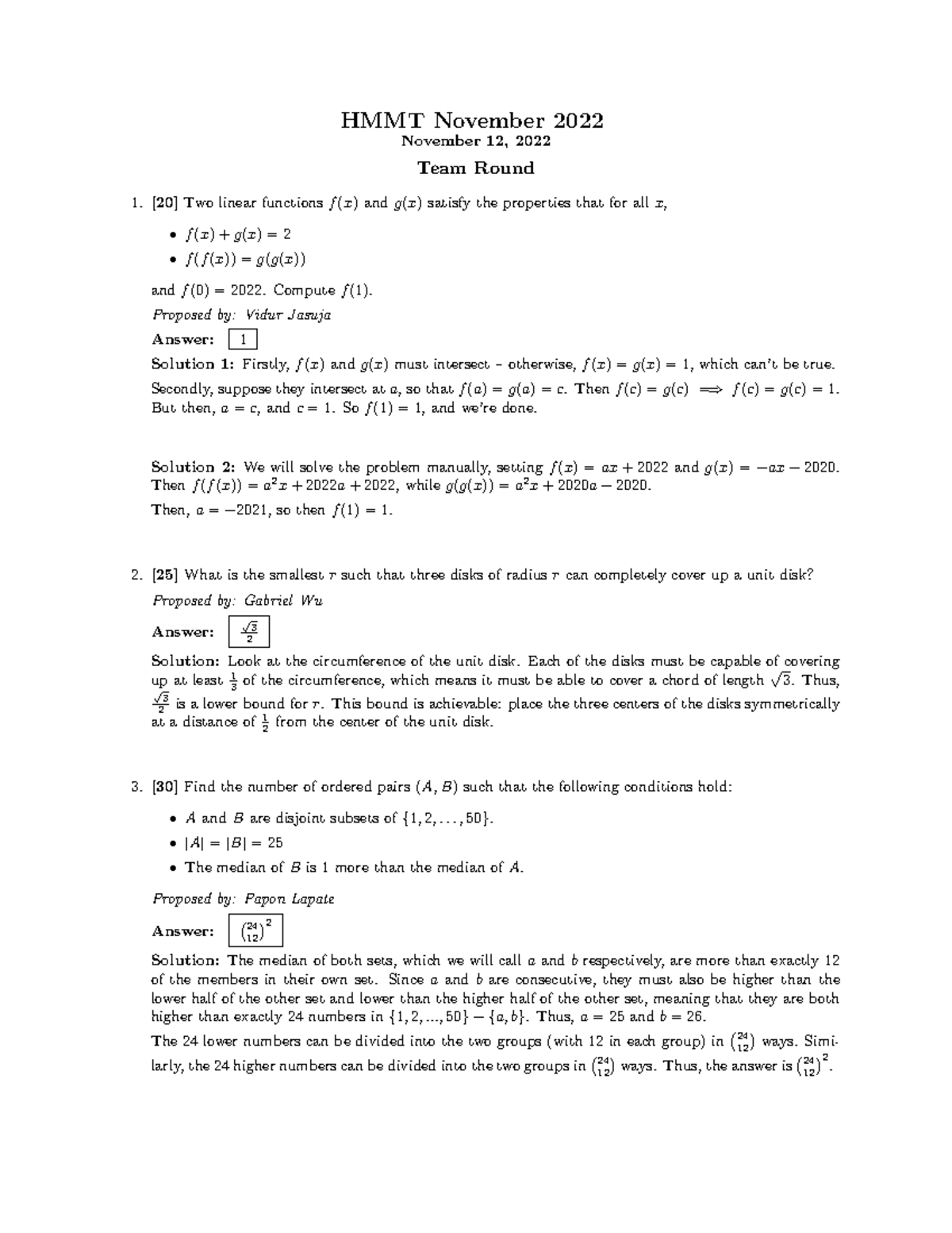 Solutions - HMMT November 2022 November 12, 2022 Team Round [20] Two ...