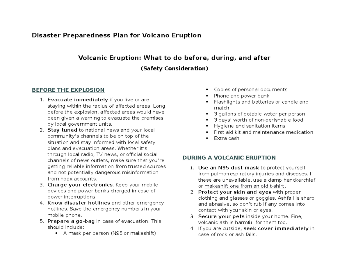 Disaster Preparedness Plan for Volcano Eruption - Long before the ...