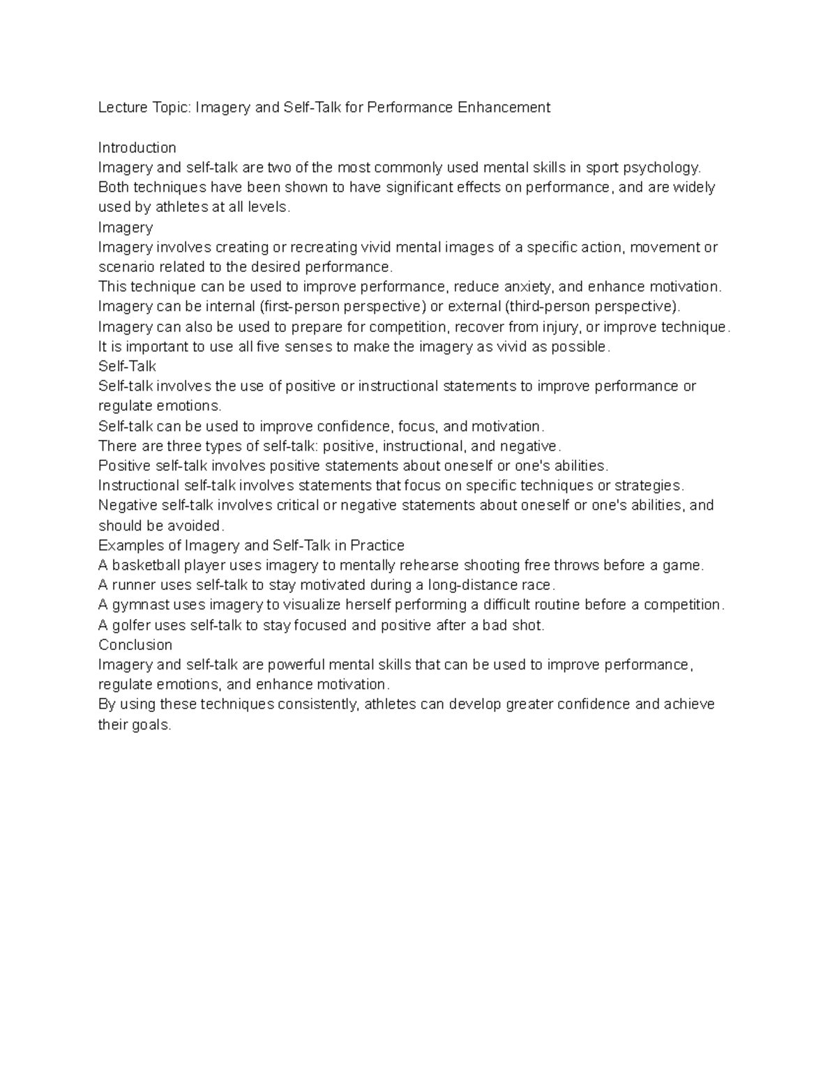 Lecture Topic Imagery and Self-Talk for Performance Enhancement ...