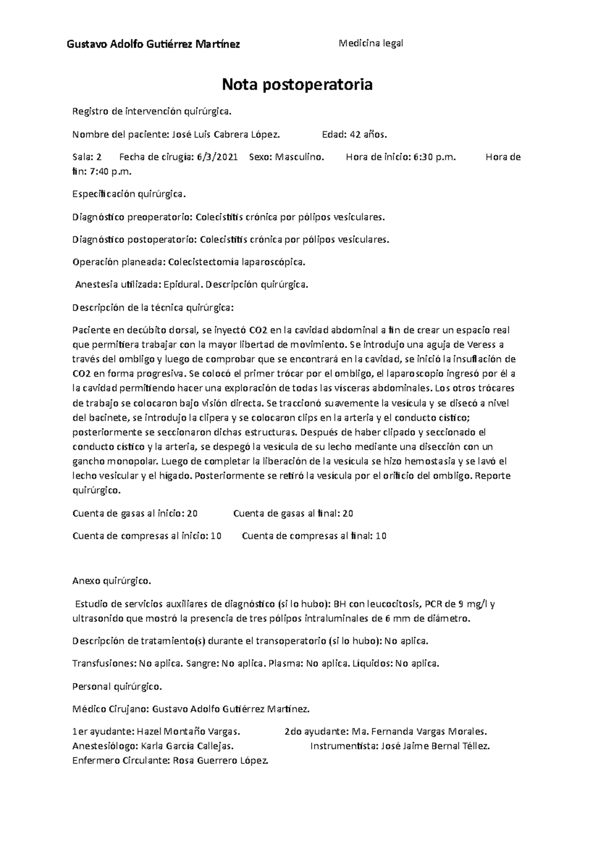 ejemplo Nota posoperatoria - Gustavo Adolfo Gutiérrez Martínez Medicina ...