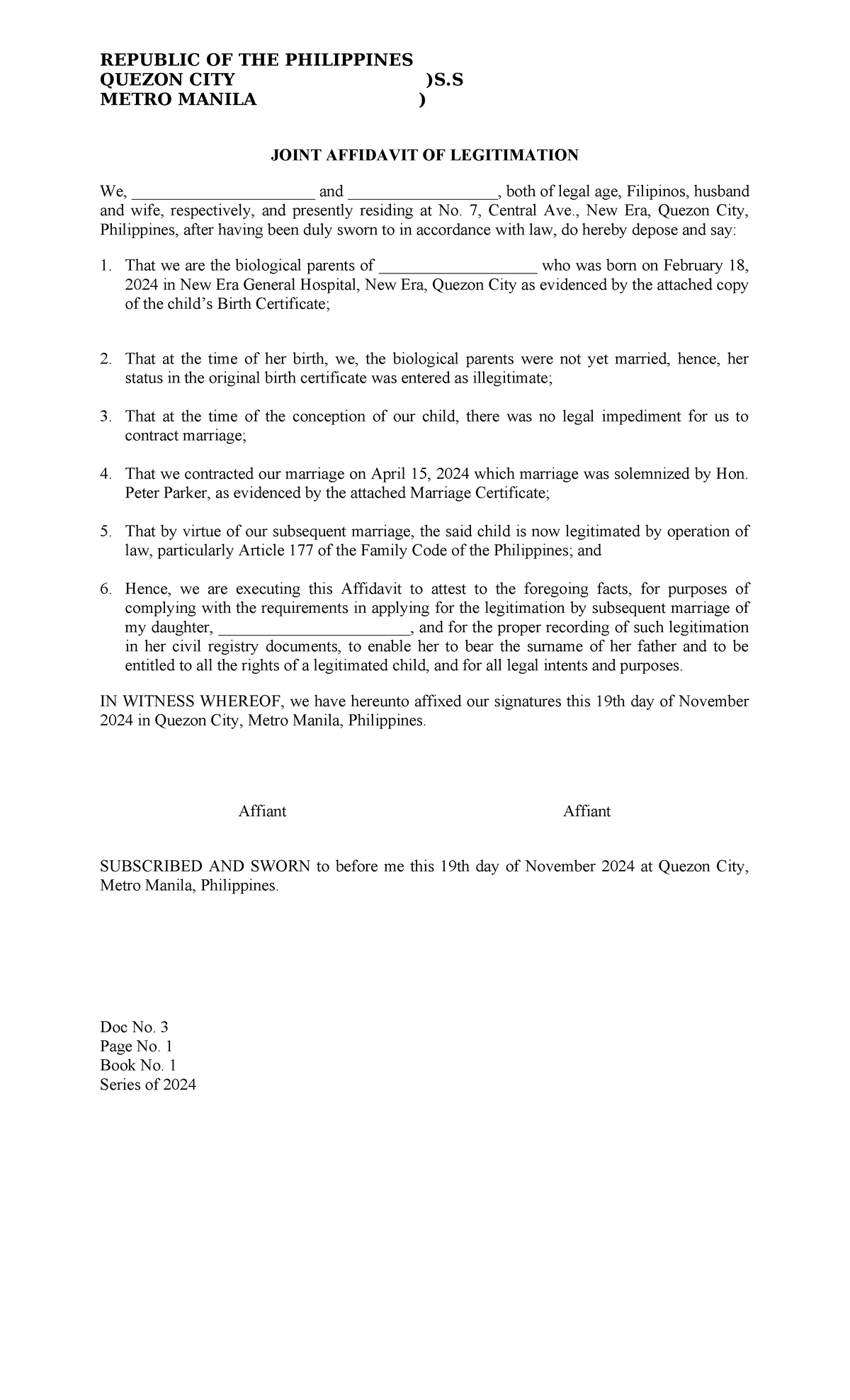 Joint Affidavit OF Legitimation - REPUBLIC OF THE PHILIPPINES QUEZON ...