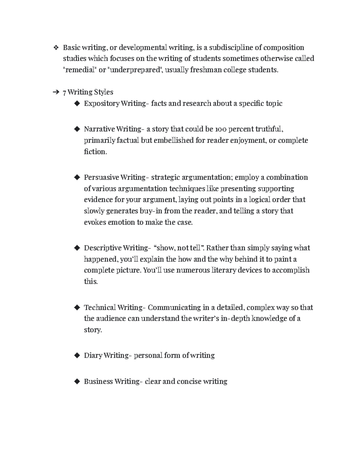 Basic Writing 1 - notes - Basic writing, or developmental writing, is a ...