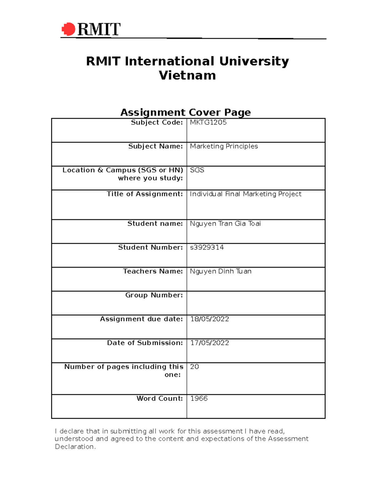 SGS Nguyen Tran Gia Toai S3929314 - RMIT International University ...