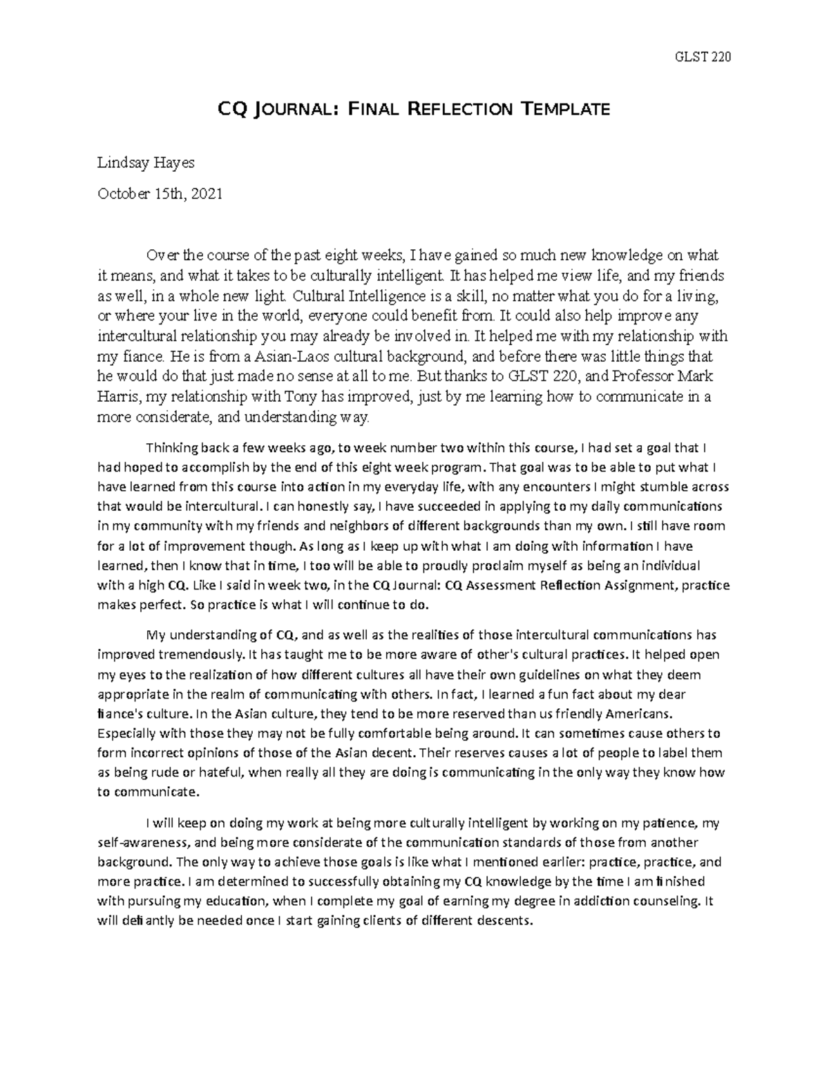 CQ Journal Final Reflection - GLST 220 CQ JOURNAL: FINAL REFLECTION ...