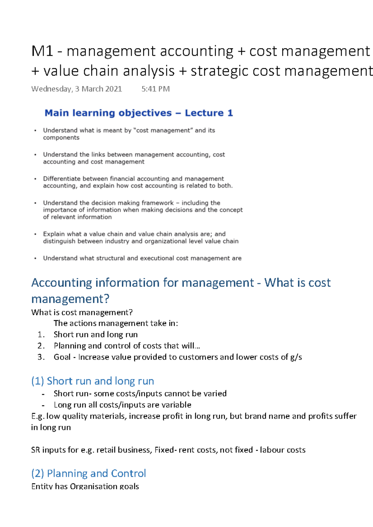 M1 - cost management + value chain analysis + strategic cost management ...