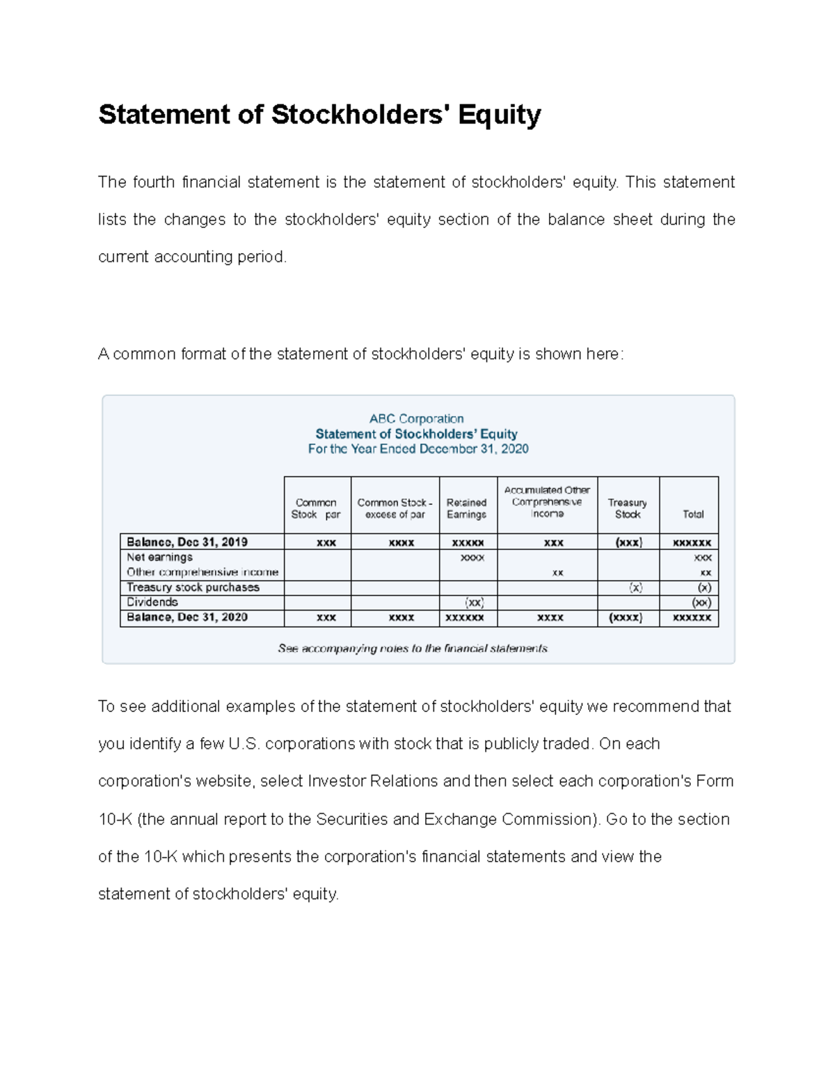 Statement of Stockholders - This statement lists the changes to the ...