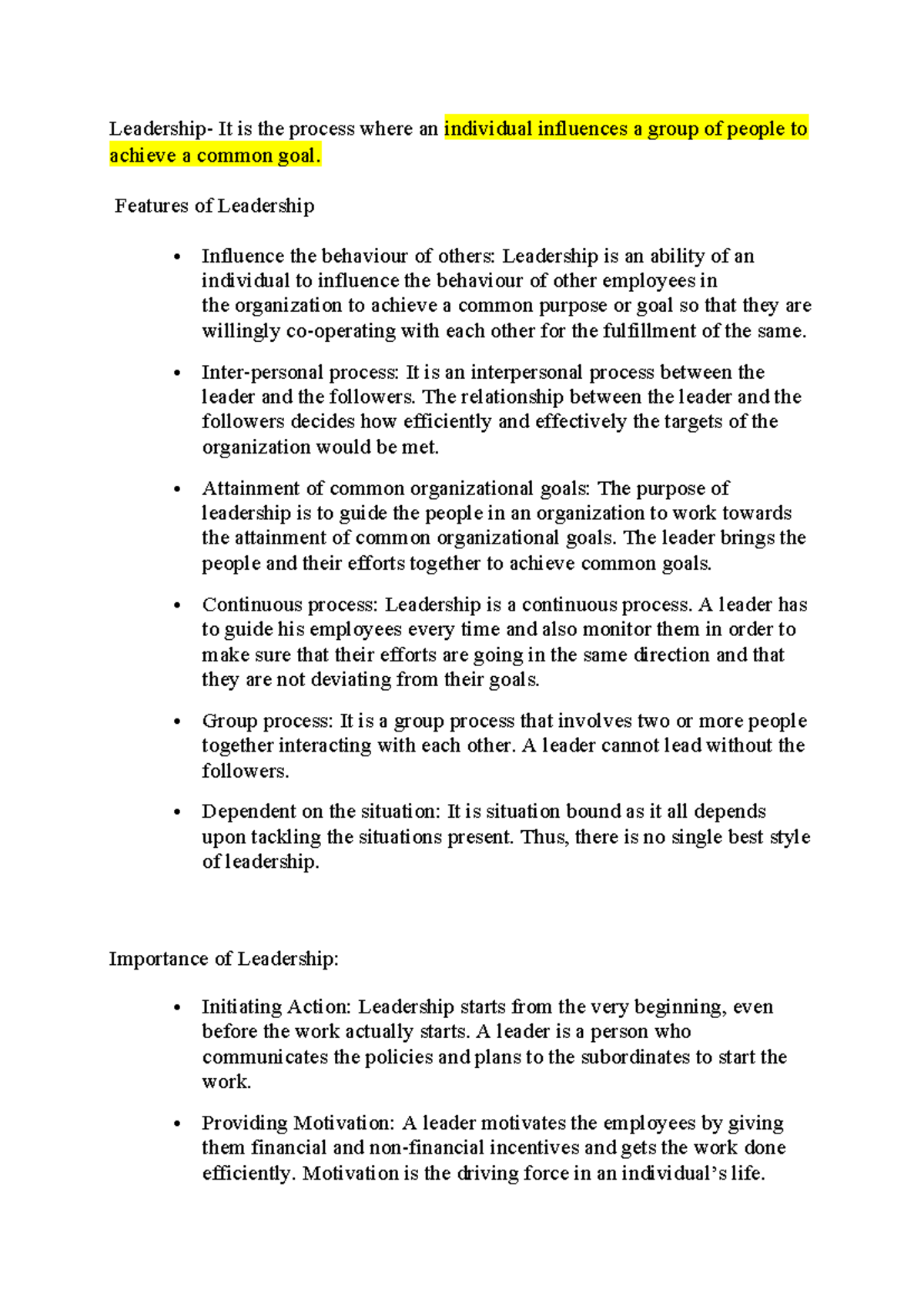 Leadership - notes - Leadership- It is the process where an individual ...