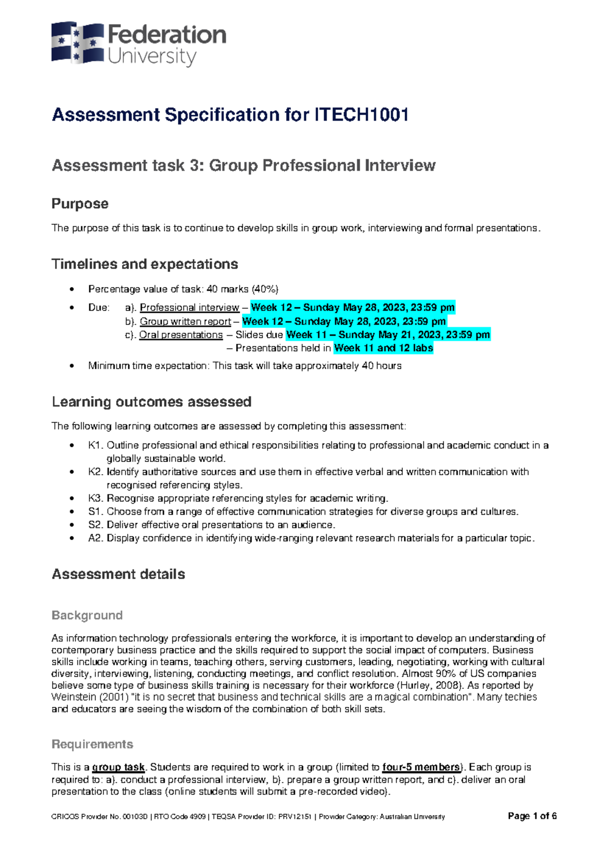 Itech 1001-prof-interview - Assessment Specification for ITECH Assessment task 3: Group ...