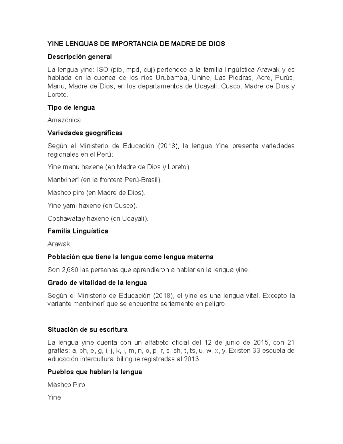 Quechua - YINE LENGUAS DE IMPORTANCIA DE MADRE DE DIOS Descripción ...