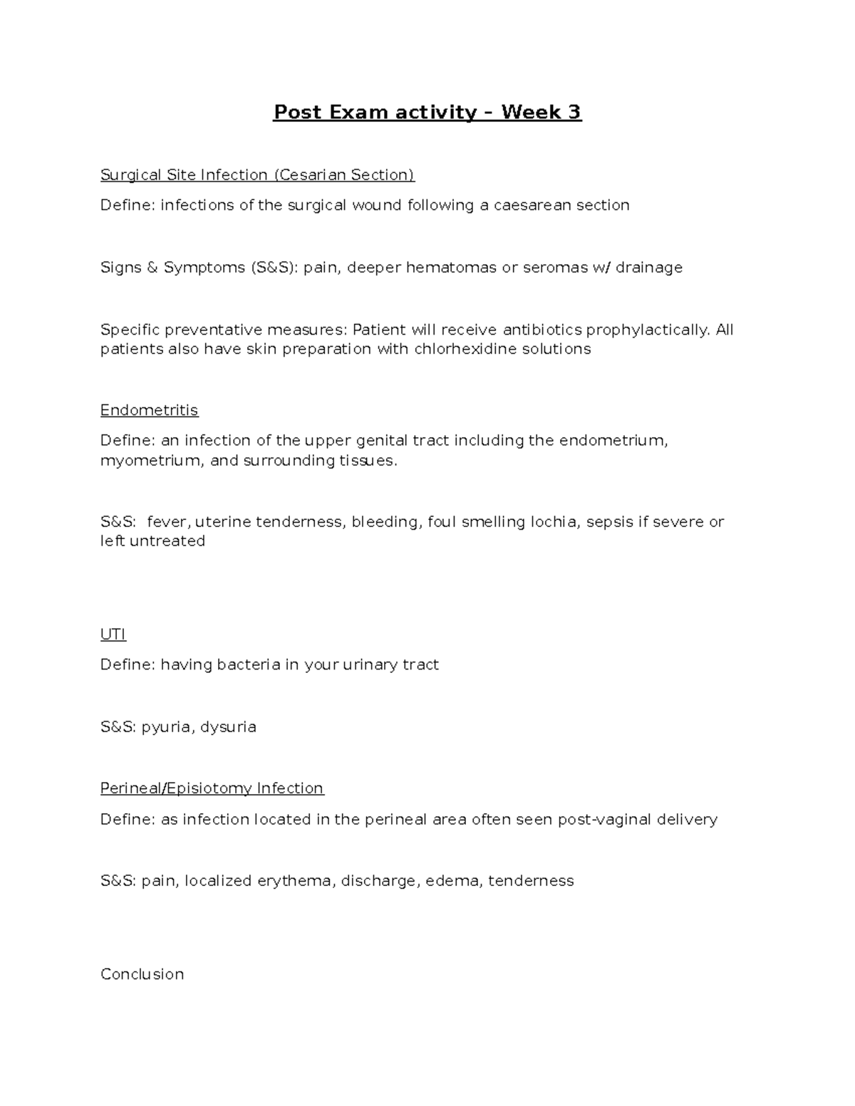 Postpatum Infection Activity-2 - Post Exam activity – Week 3 Surgical ...