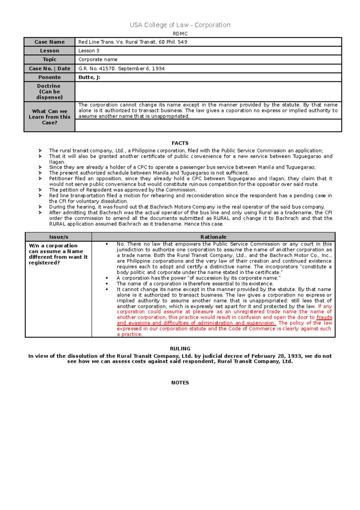 1. Red line v. Rural transit - USA College of Law - Corporation RDMC ...