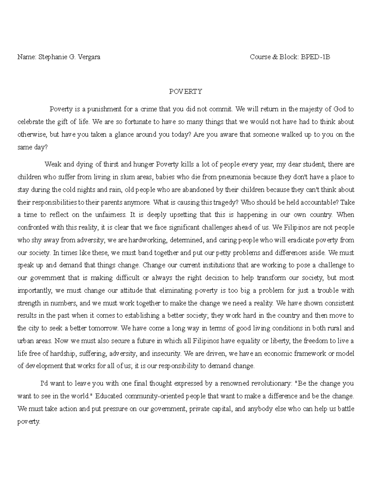 Speech Stephanie BPED 1B - Name: Stephanie G. Vergara Course & Block ...