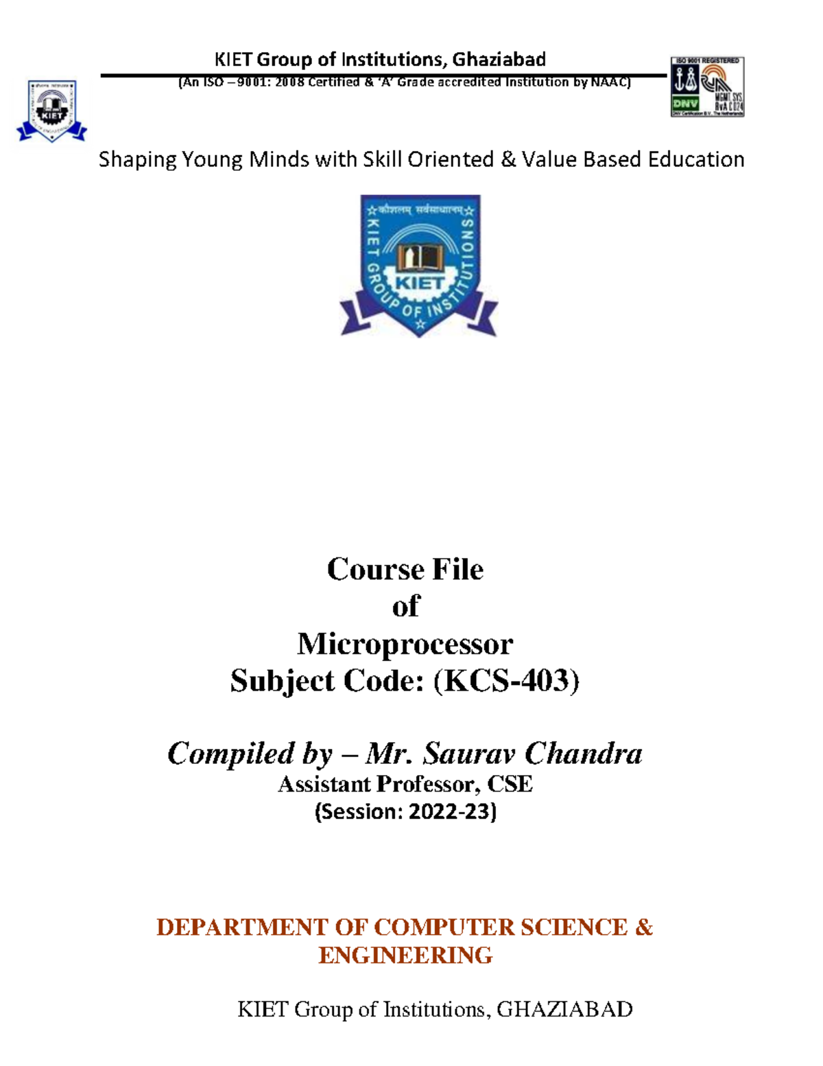 Part-A Microprocessors KCS403 99799495 decc55d5f3d6716d0107bac1 - (An ISO – 9001: 2008 Certified ...