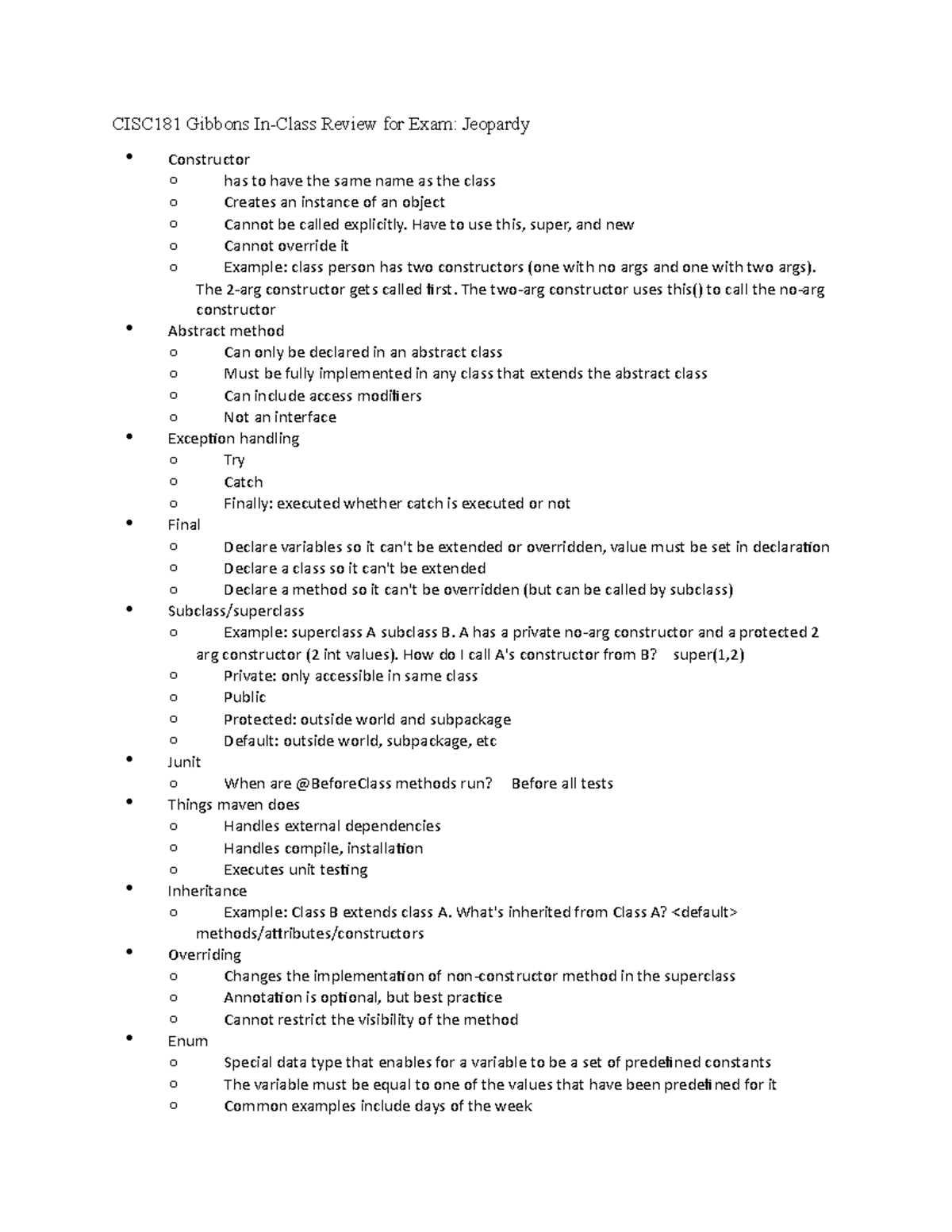 Review for Midterm Jeopardy - CISC181 Gibbons Review for Exam: Jeopardy ...