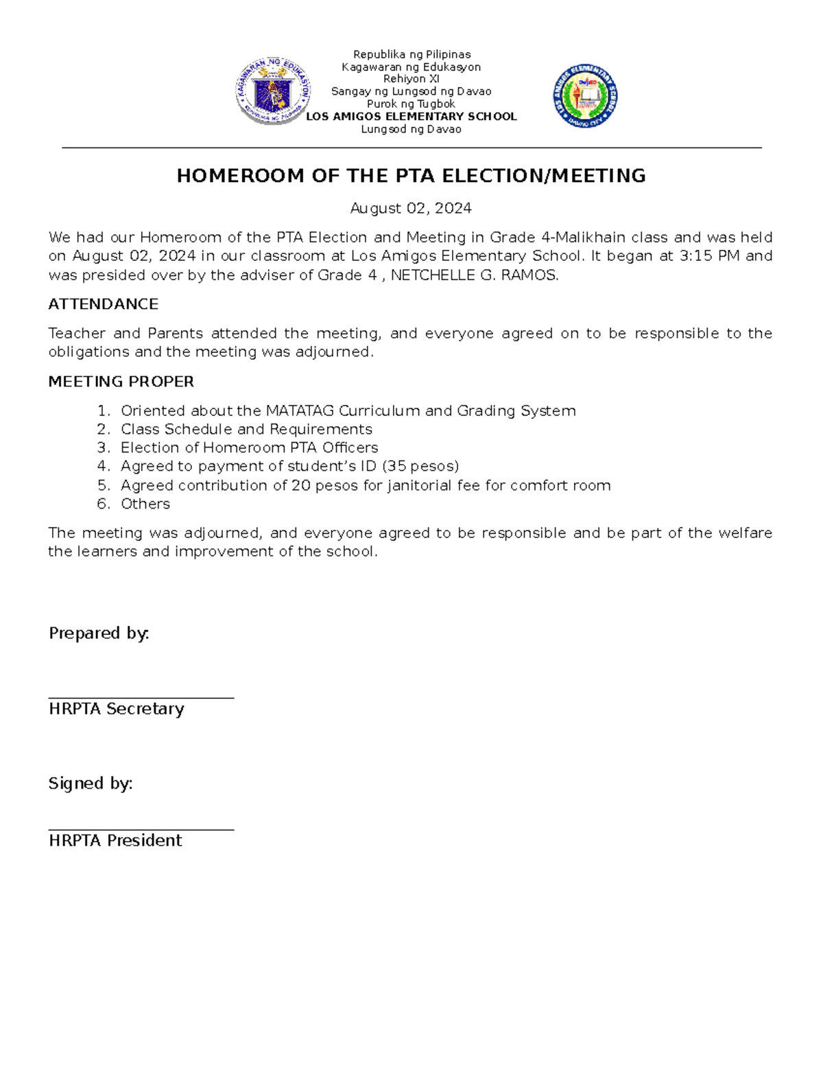 Homeroom OF THE PTA Election Minutes - Republika ng Pilipinas Kagawaran ...