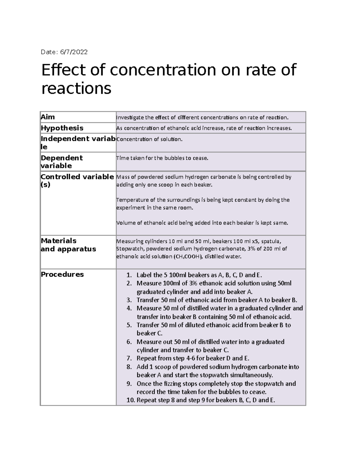 Effect of concentration on rate of reactions - Date: 6/7/ Effect of ...