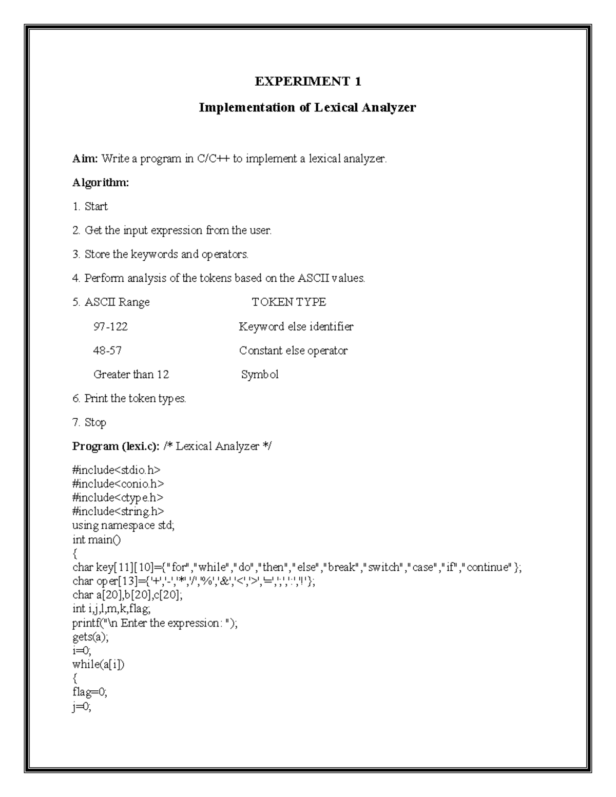 Compiler Lab Manual - EXPERIMENT 1 Implementation of Lexical Analyzer Aim: Write a program in C ...