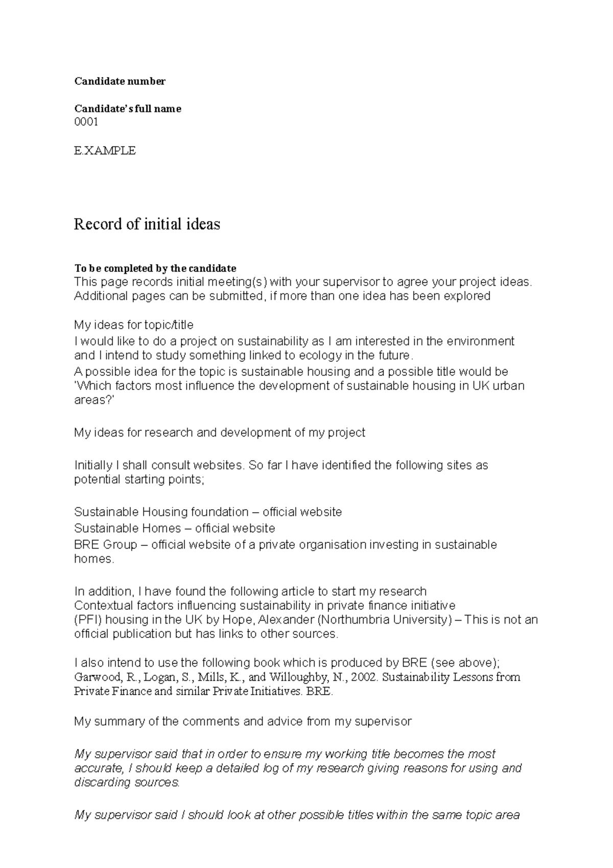 Record of Initial Ideas - Annotated Exemplar - Candidate number ...