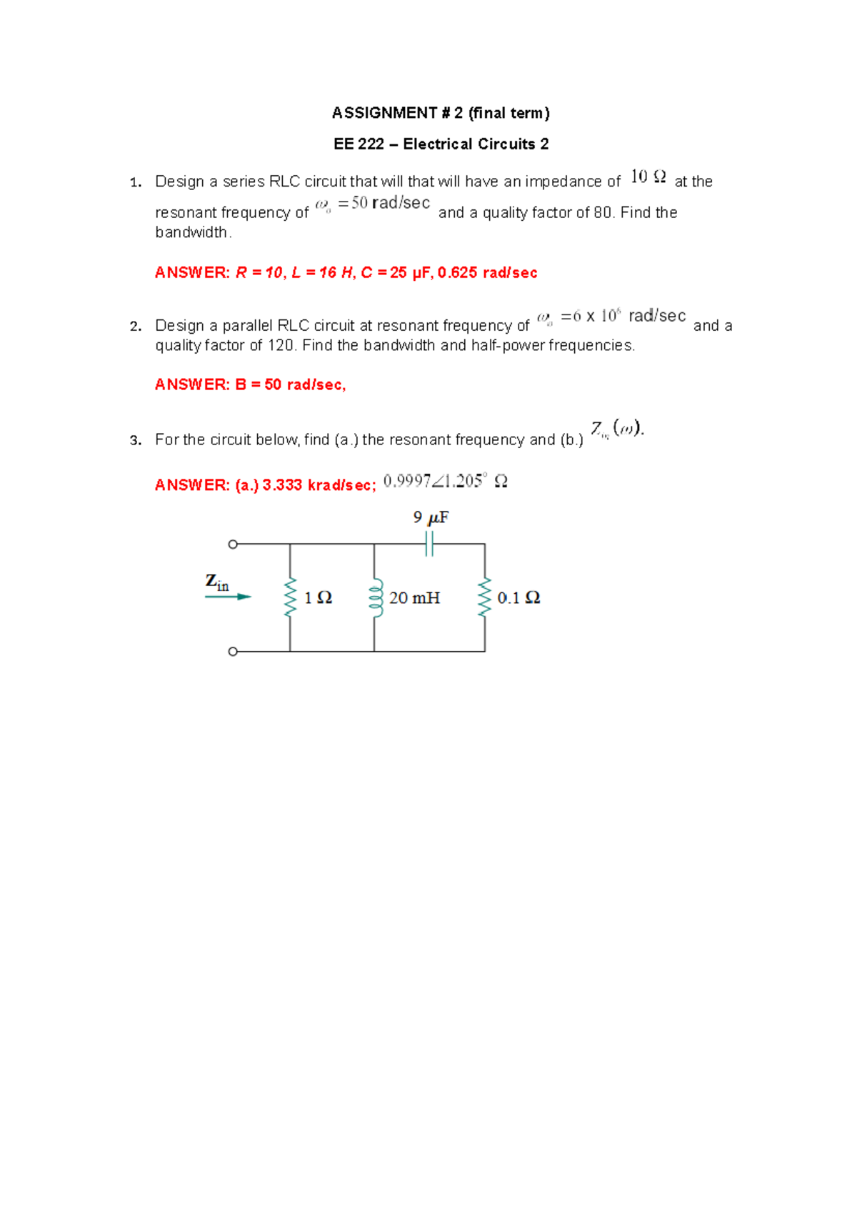 Ass-f2 - N/A - ASSIGNMENT # 2 (final term) EE 222 – Electrical Circuits ...