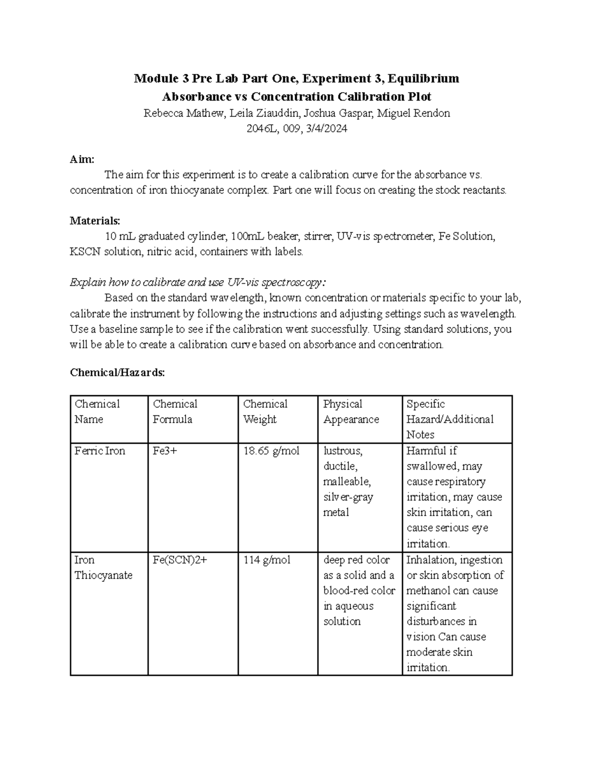 Module 3 Pre Lab Part One - concentration of iron thiocyanate complex. Part one will focus on ...