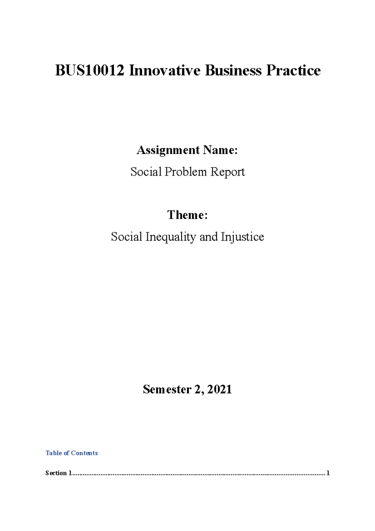 Social Problem Report - BUS10012 Innovative Business Practice ...