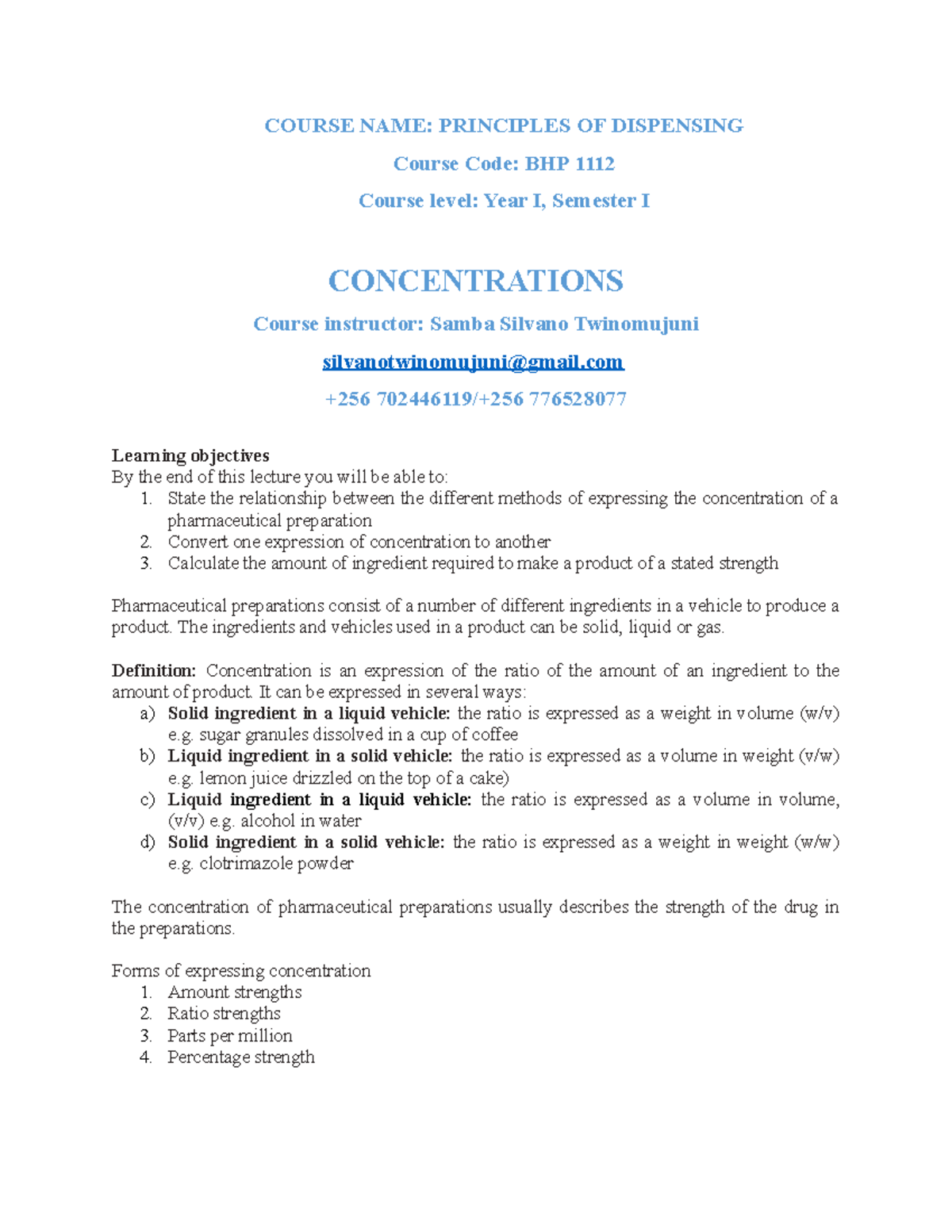 Concentrations - Lecture notes 5 - COURSE NAME: PRINCIPLES OF ...