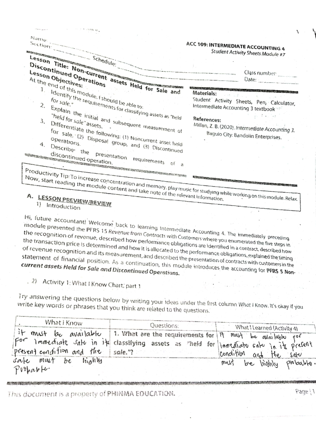 ACC 109 SAS 7 - SAS - Name ACC 109: INTERMEDIATE ACCOUNTING 4 Section Student Activity Sheets ...