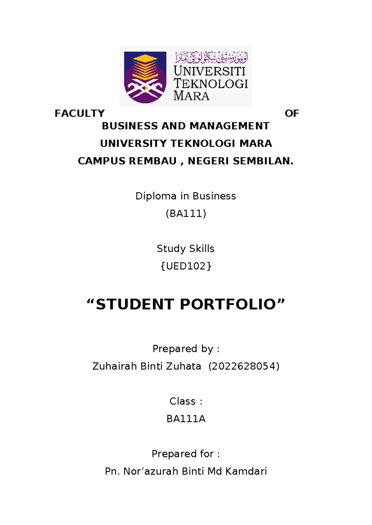 UED102 aasignment - FACULTY OF BUSINESS AND MANAGEMENT UNIVERSITY ...