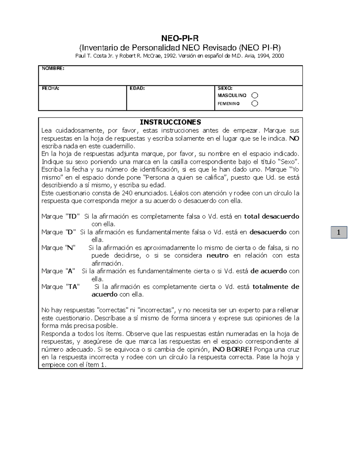 256065455 NEO PI R pdf - Test - 1 NEO-PI-R (Inventario de Personalidad ...
