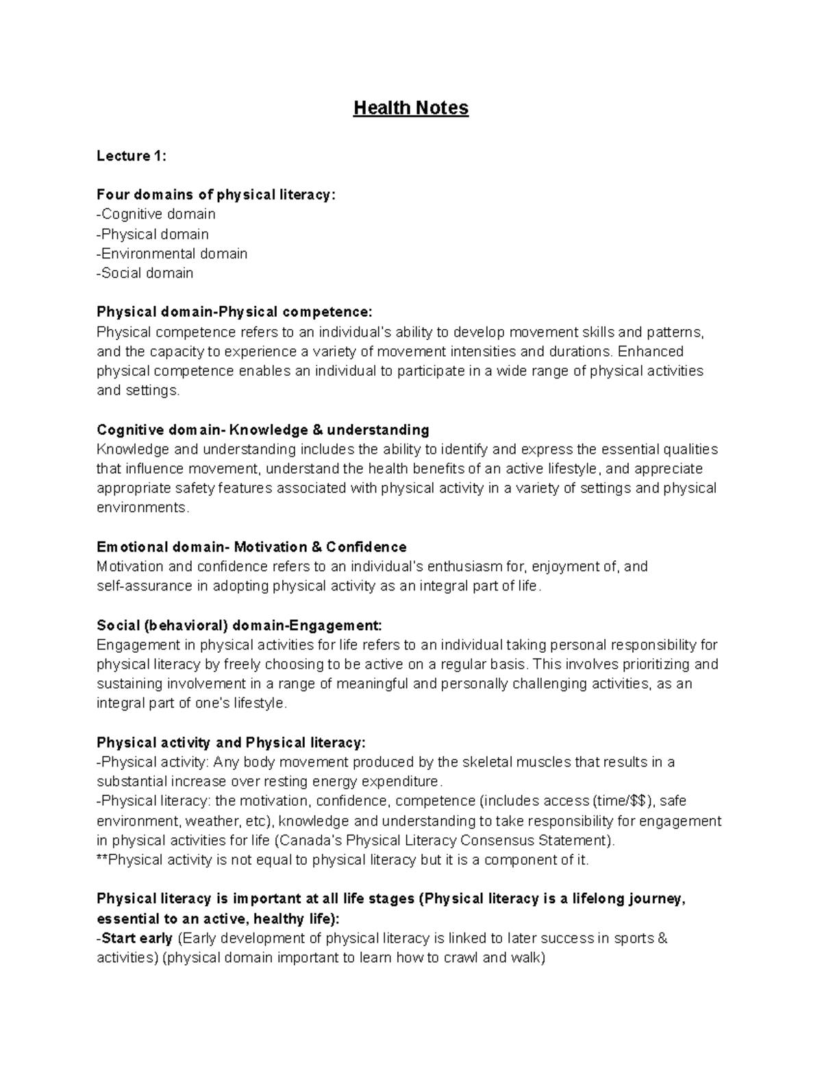 Health Notes - Health Notes Lecture 1: Four domains of physical ...