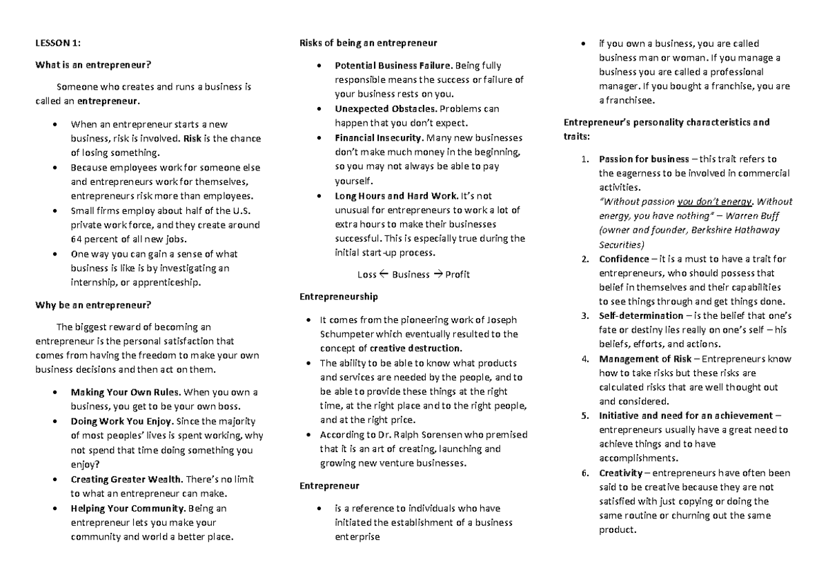 Entrepreneurship - ENTREP LESSON 1 (E.J) LESSON 1: What is an ...