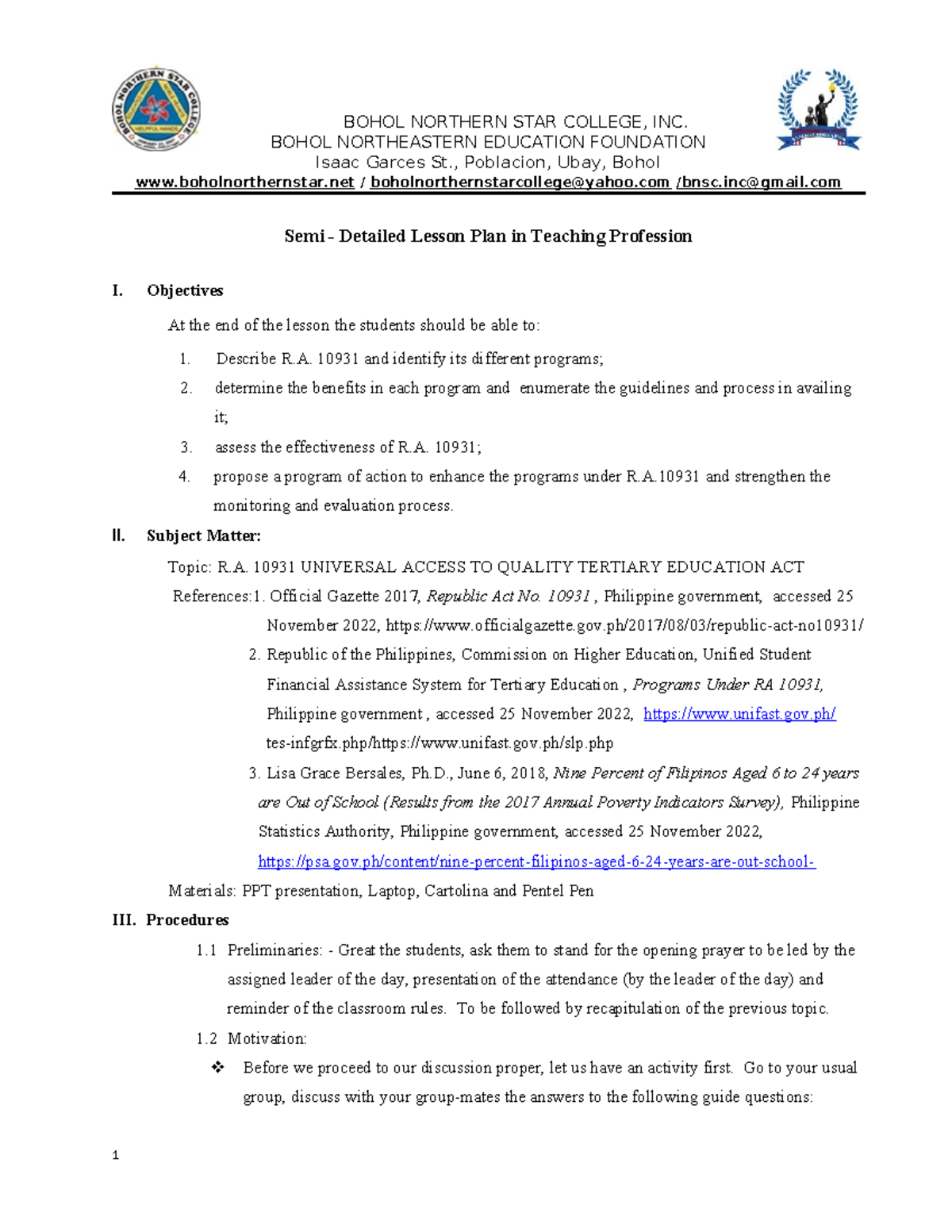 Semi-Detailed Lesson Plan - 1 BOHOL NORTHERN STAR COLLEGE, INC. BOHOL NORTHEASTERN EDUCATION ...