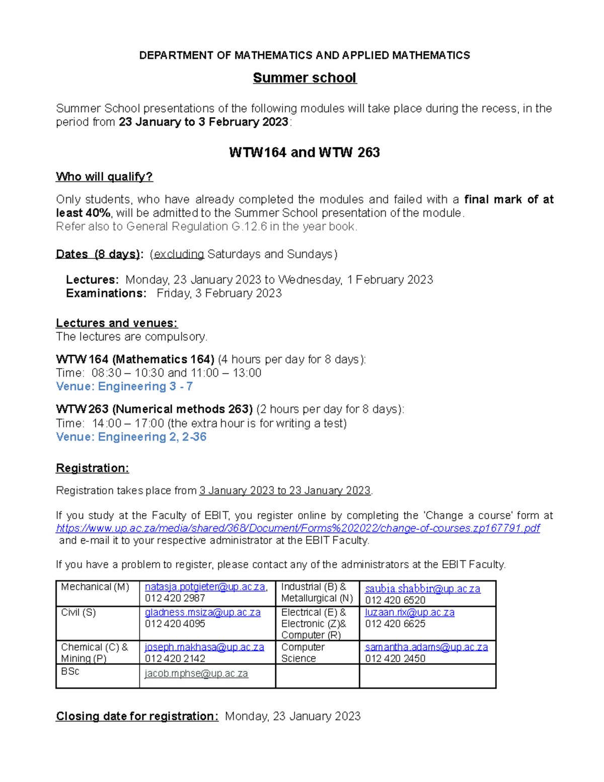 Summer School Notice Jan 2023 WTW 164 and 263 - DEPARTMENT OF ...