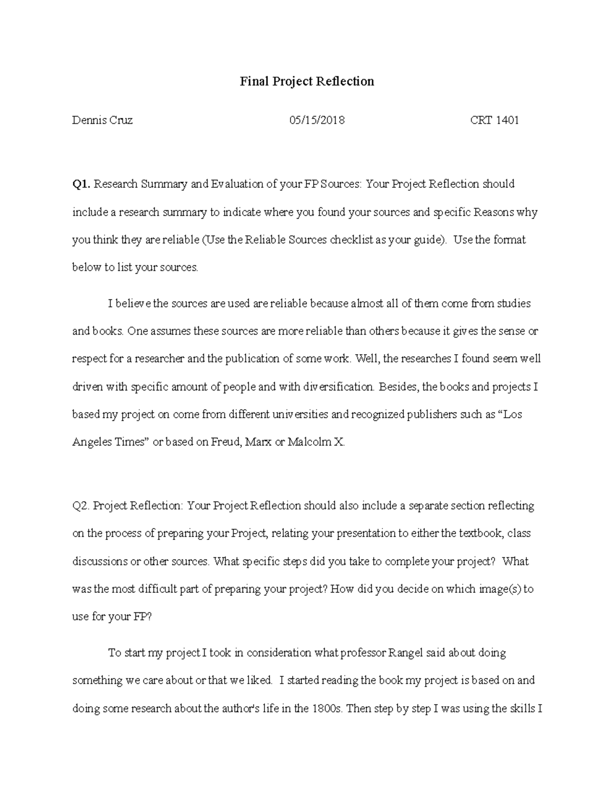 Final Project Reflection - Final Project Reflection Dennis Cruz 05/15 ...