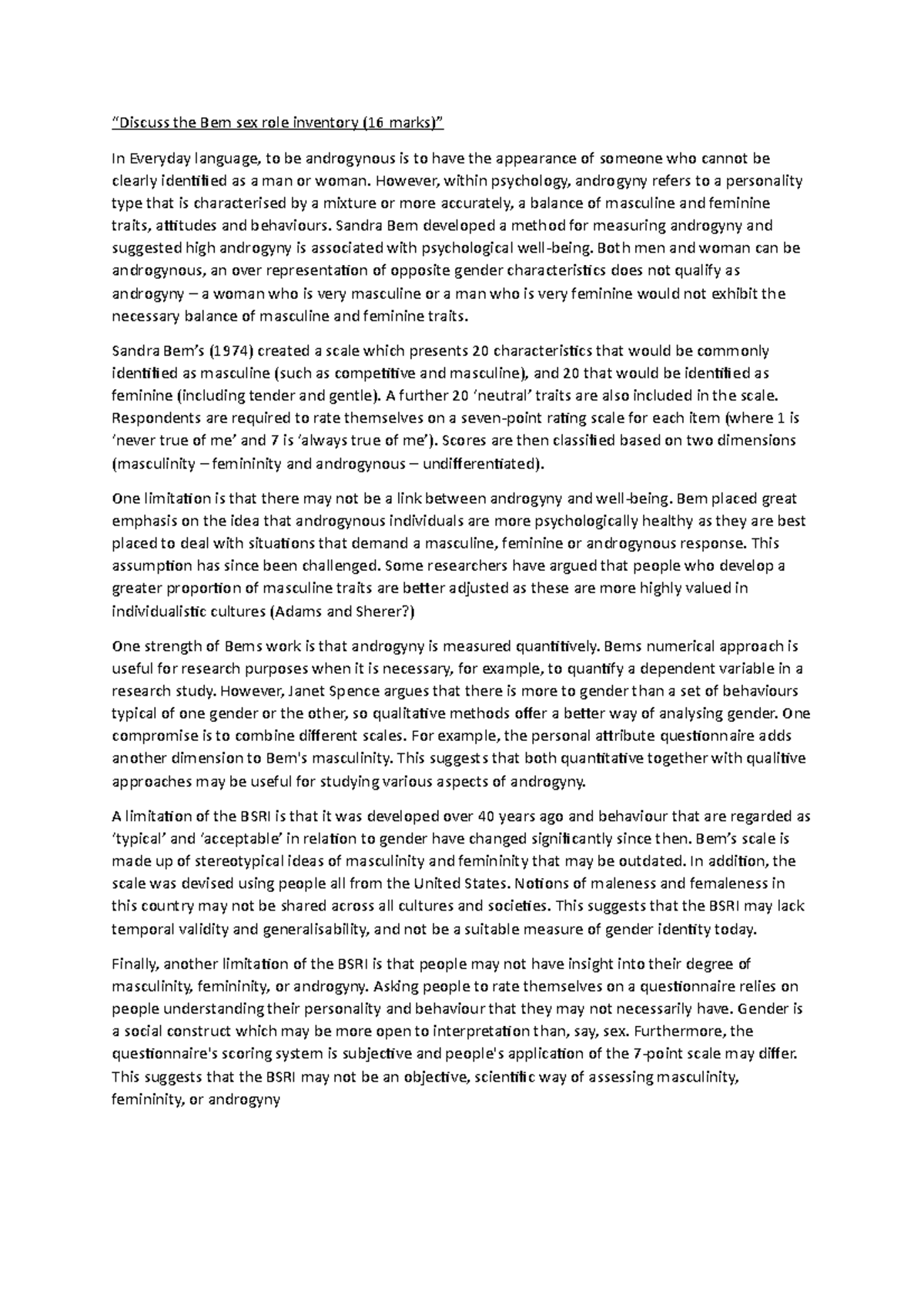 Bem SRI 16 marker psychology - “Discuss the Bem sex role inventory (16 ...