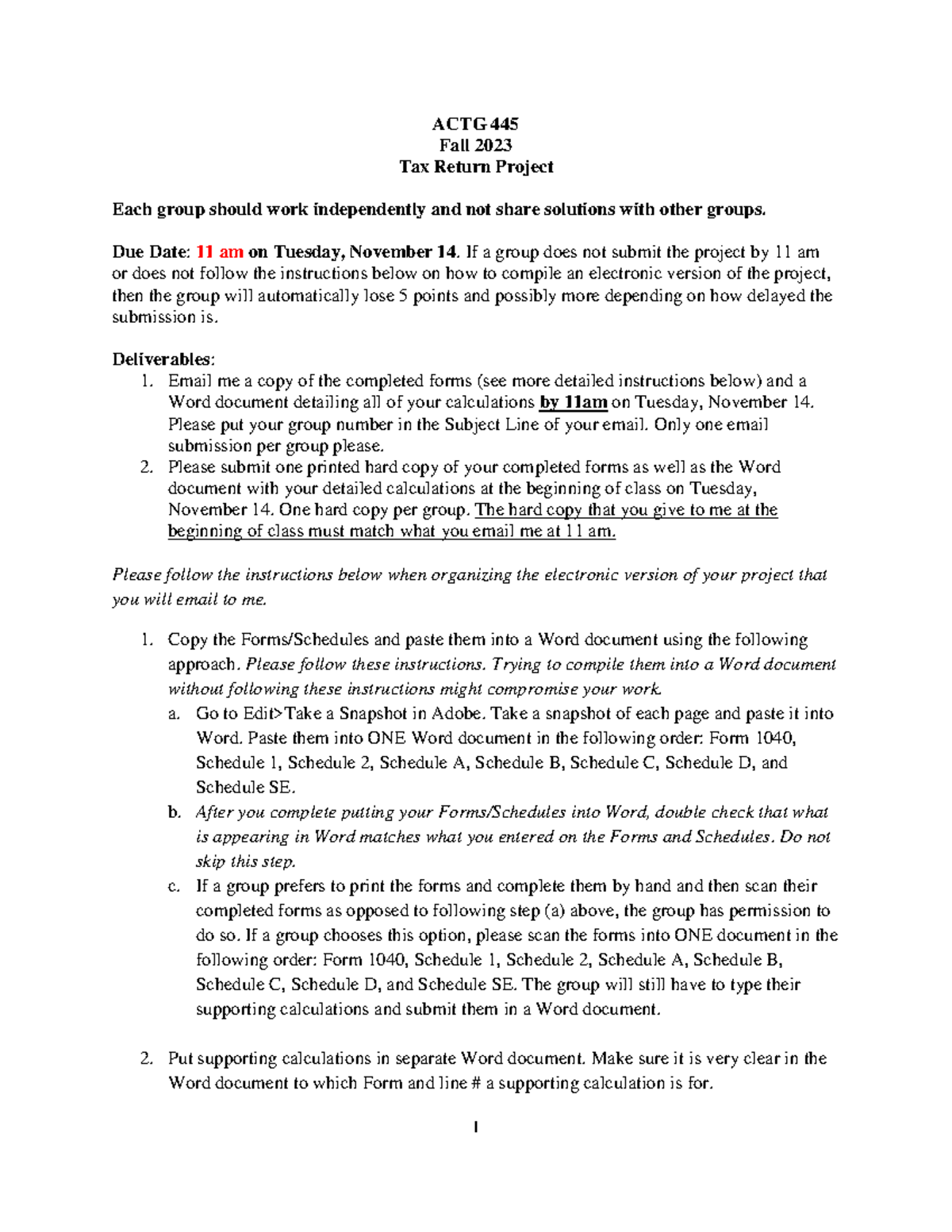 Instruction - ins - ACTG 445 Fall 2023 Tax Return Project Each group ...