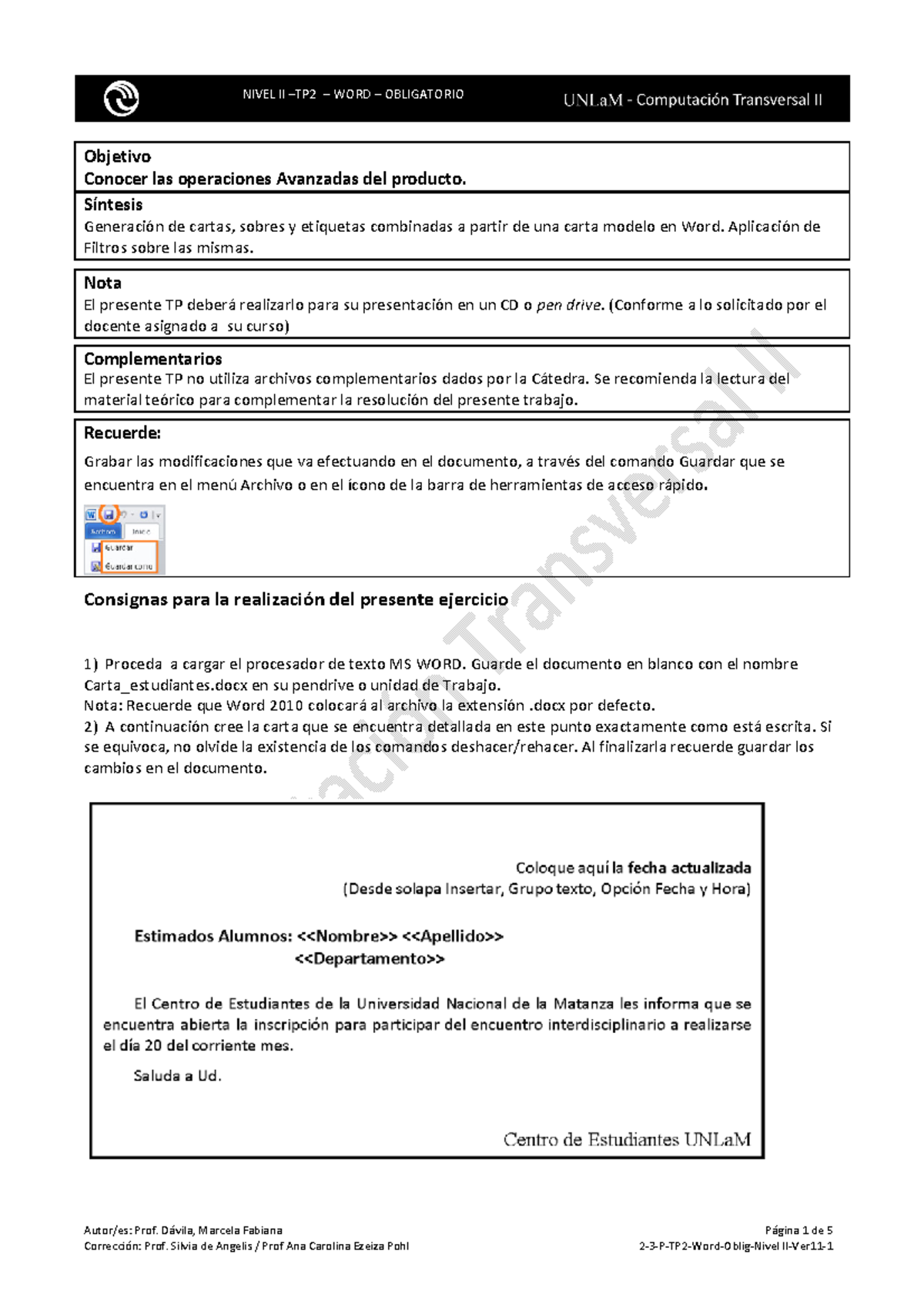 2 3 P TP2 Word Oblig Nivel II Ver11 1 - Autor/es: Prof. Dávila, Marcela Fabiana Objetivo Conocer ...