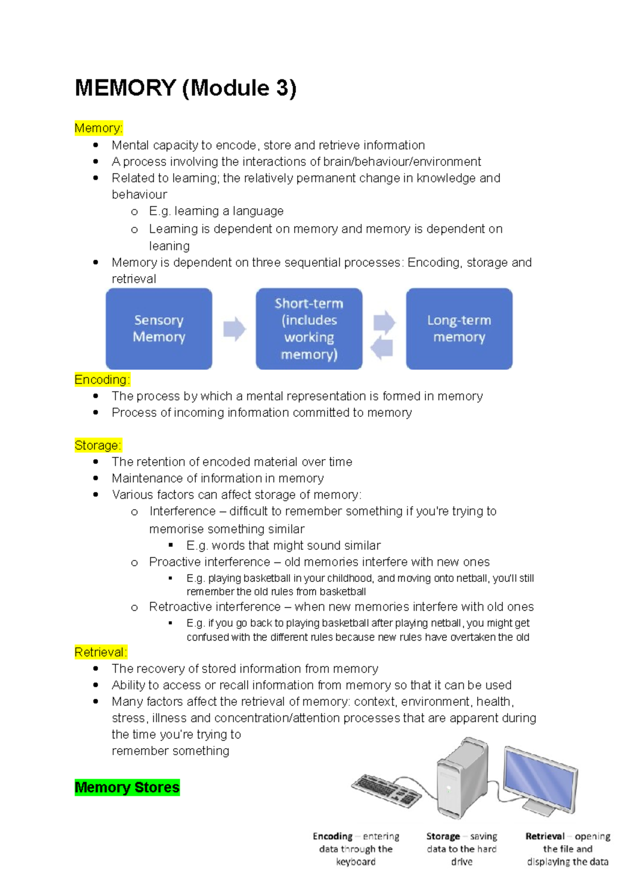 Module 3 - Memory - Lecture notes 3 - MEMORY (Module 3) Memory: Mental ...