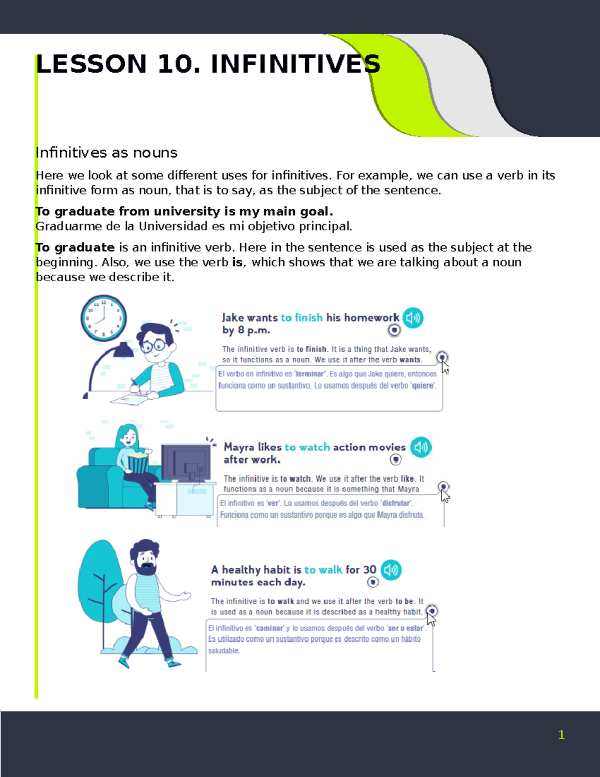Lesson 10. Infinitives - LESSON 10. INFINITIVES Infinitives as nouns ...