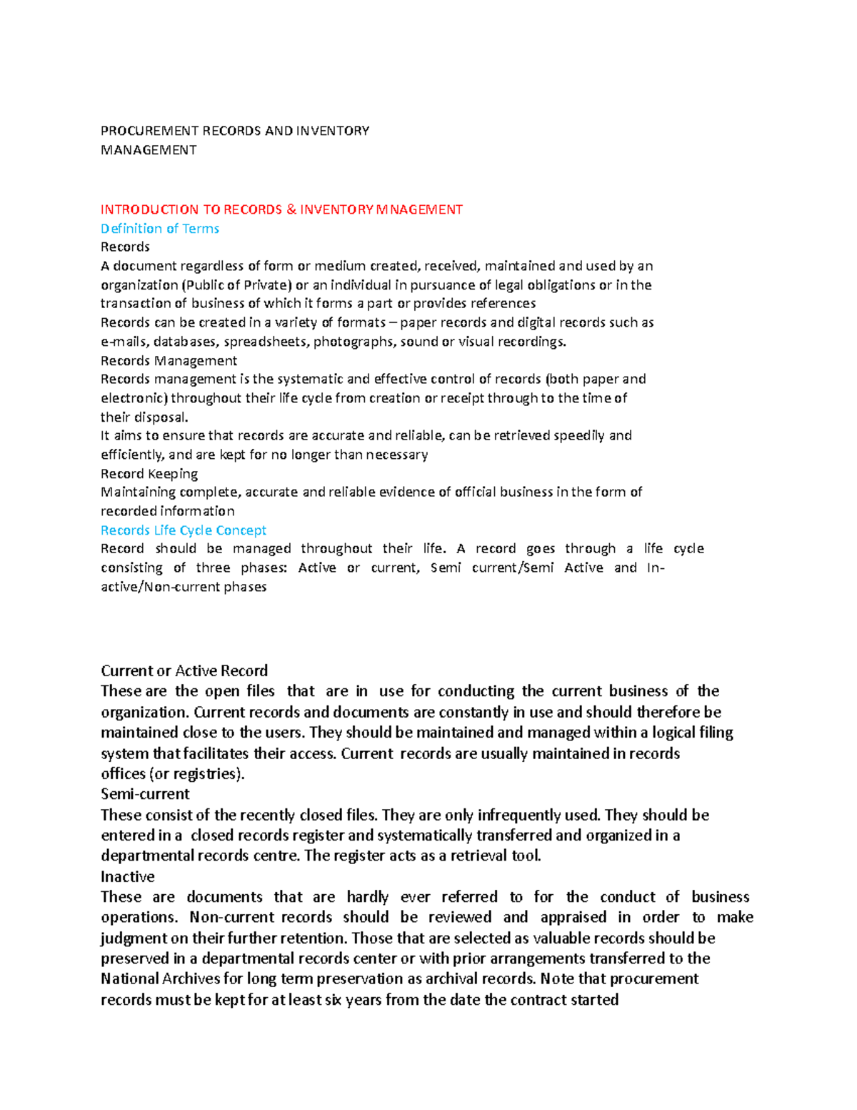 Records AND Inventory Management - PROCUREMENT RECORDS AND INVENTORY ...