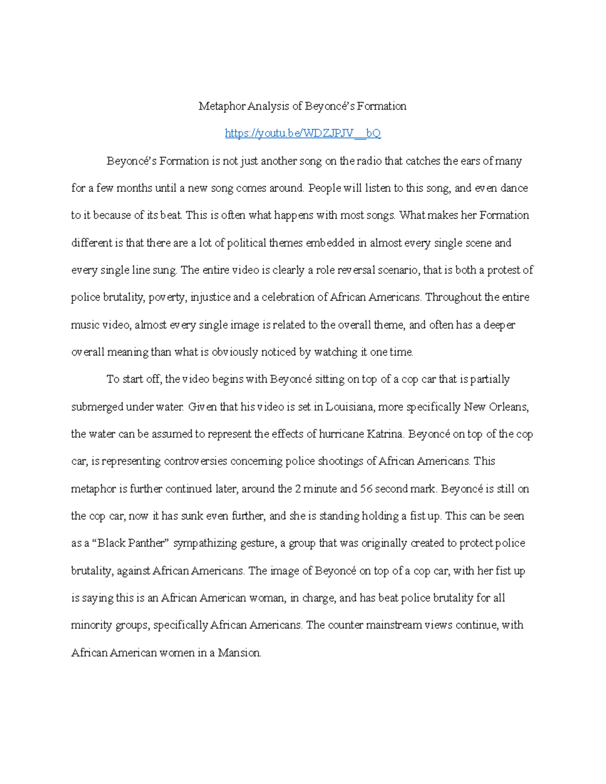 Metaphor Essay - Grade: A - Metaphor Analysis of Beyoncé’s Formation ...