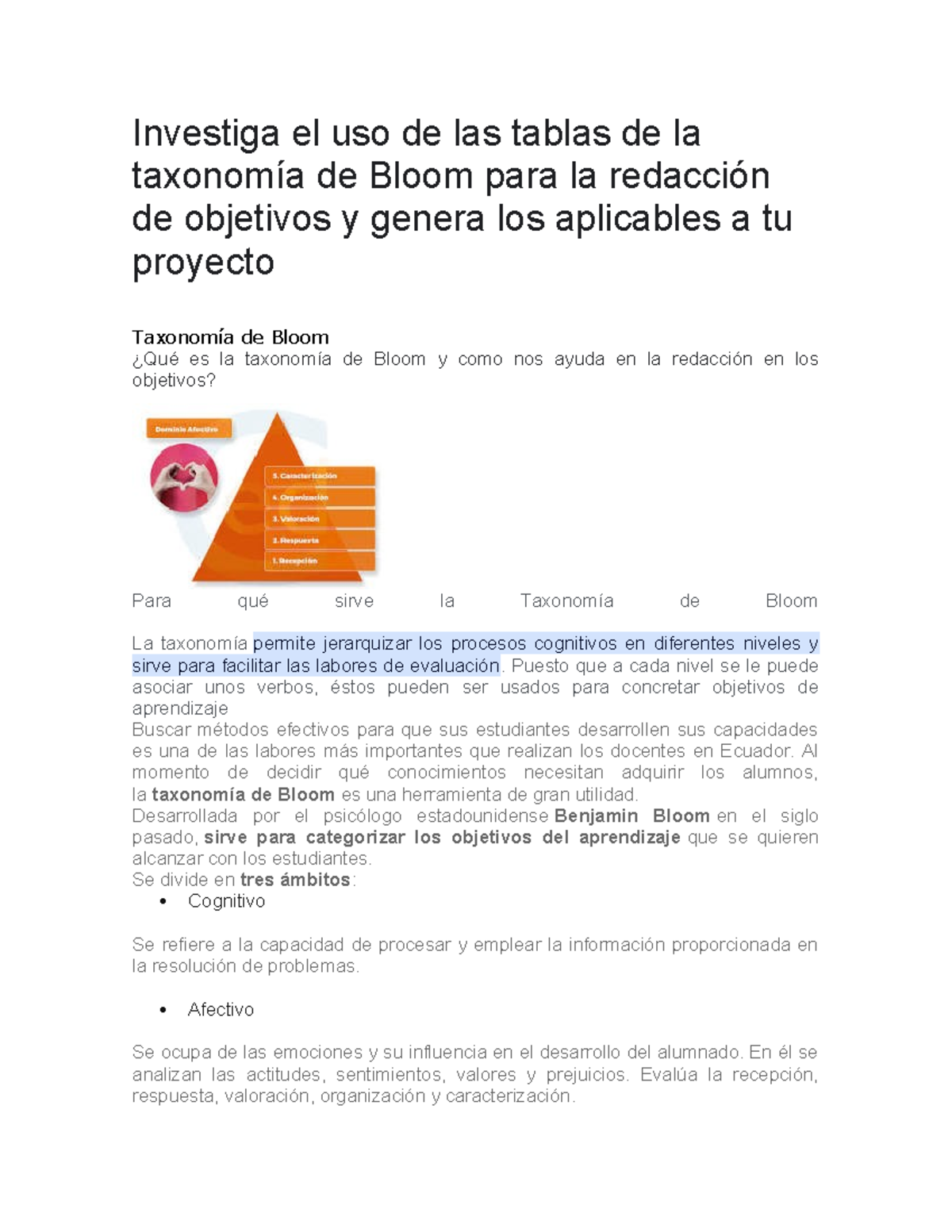 Taxonomia del bloom - Investiga el uso de las tablas de la taxonomía de ...