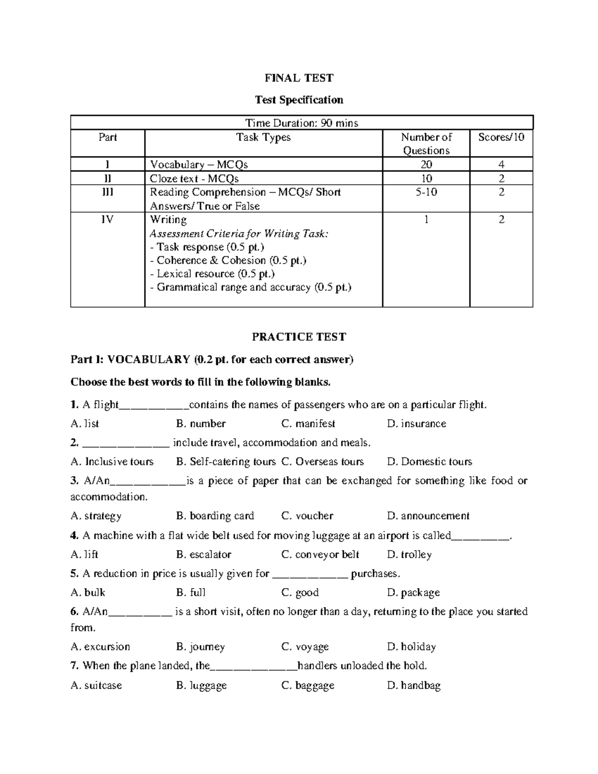 Sample Final TEST - Practice TEST - FINAL TEST Test Specification Time ...