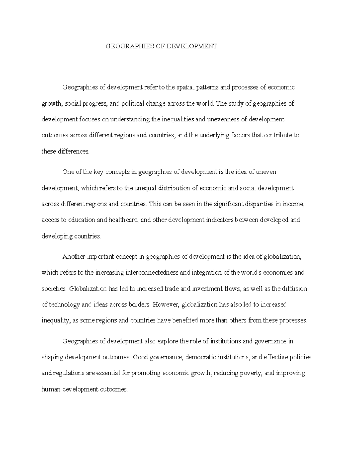 Geographies OF Development essay - GEOGRAPHIES OF DEVELOPMENT ...