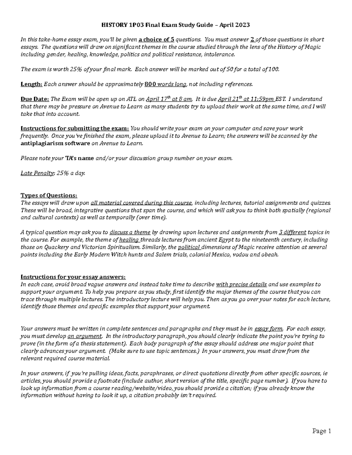 History 1P03 EXAM study guide winter 2023 - HISTORY 1P03 Final Exam ...
