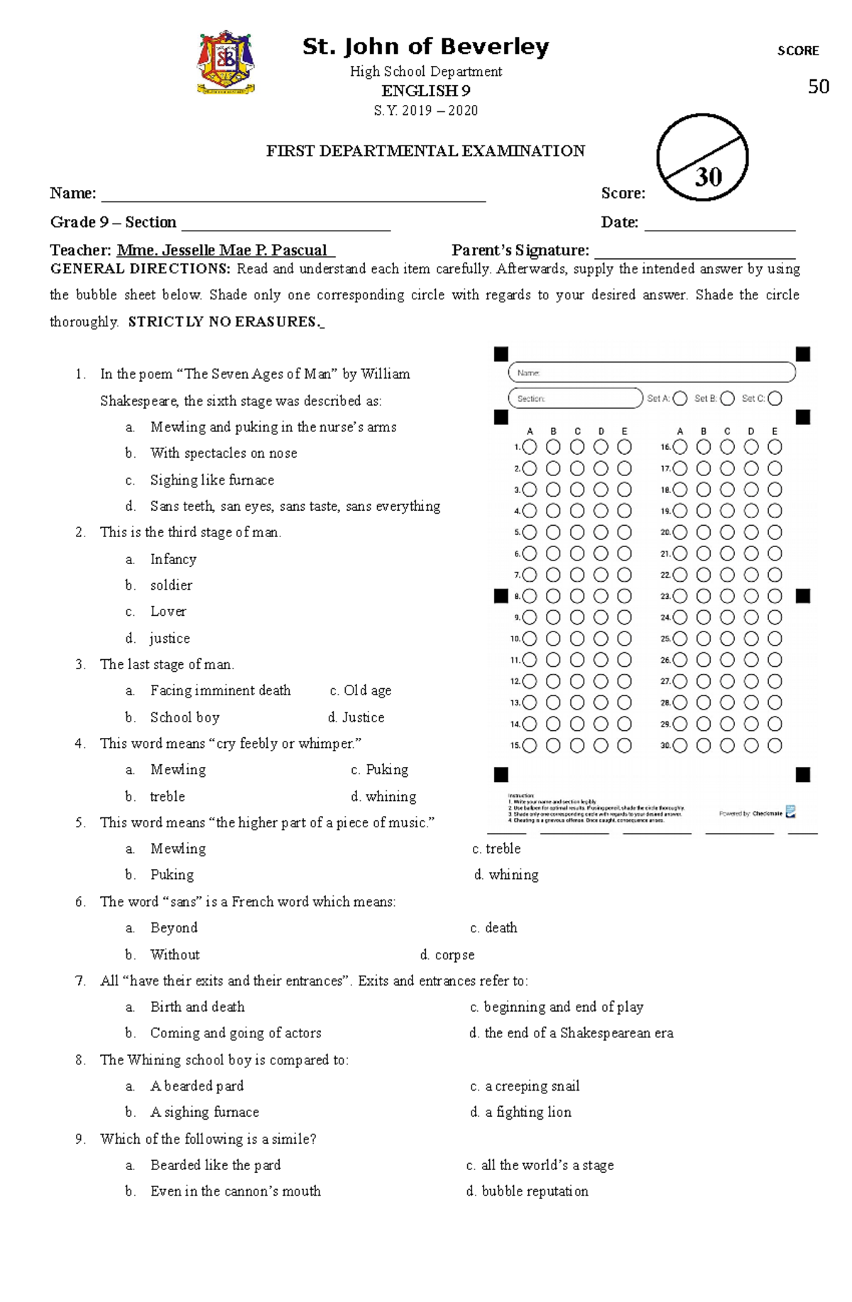 Grade 9 - Directress - Exam - St. John of Beverley High School ...