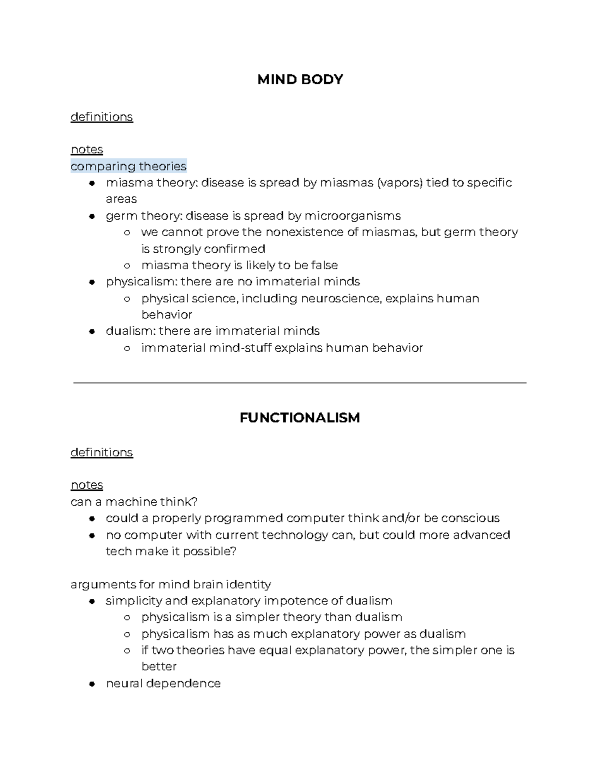 mind body theories and functionalism - MIND BODY definitions notes ...