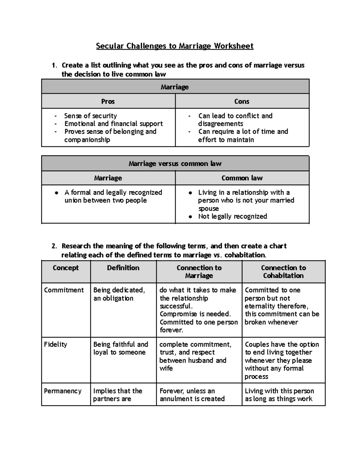 L5. Secular Challenges to Marriage Worksheet - Secular Challenges to ...