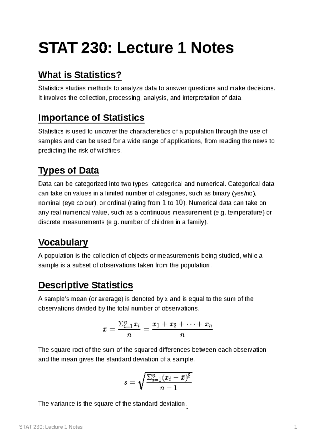 Stat 230 Lecture 1 Notes Stat 230 Lecture 1 Notes 1 Stat 230 Lecture 1 Notes What Is